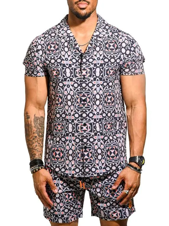 MACEOO Beachtiles Short Sleeve Cotton Button-up Shirt - Black