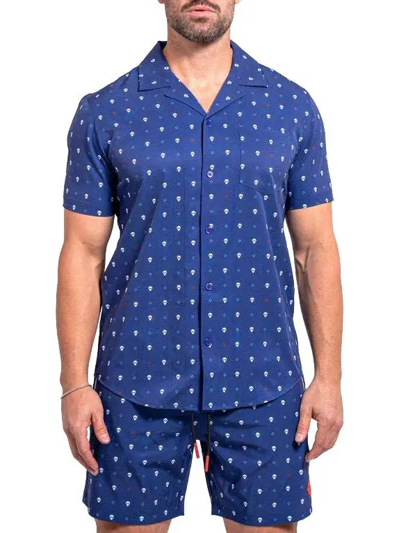 MACEOO Beachskull Short Sleeve Cotton Button-up Shirt - Blue