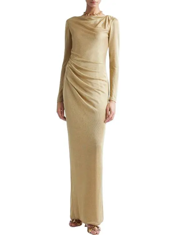 Oscar De La Renta Draped Long Sleeve Metallic Jersey Gown - Gold