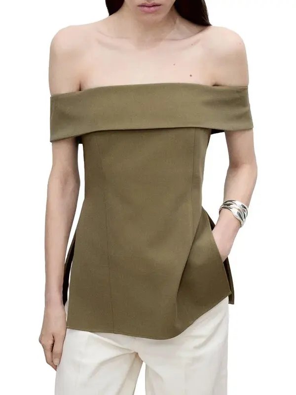 Mango Fitted Off-the-shoulder Top - Khaki Green