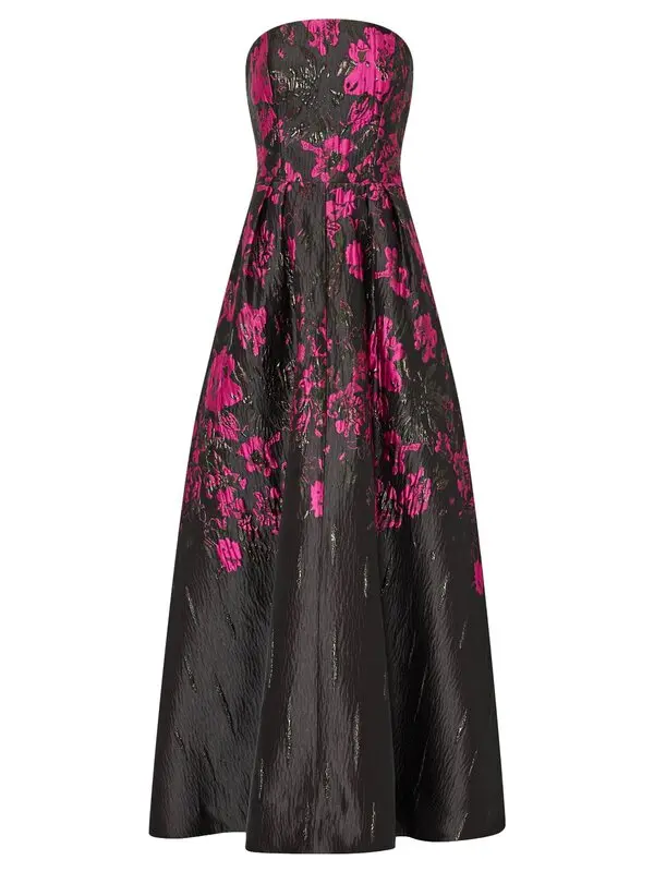 MILLY Winona Floral Jacquard Strapless Gown - Pink/black