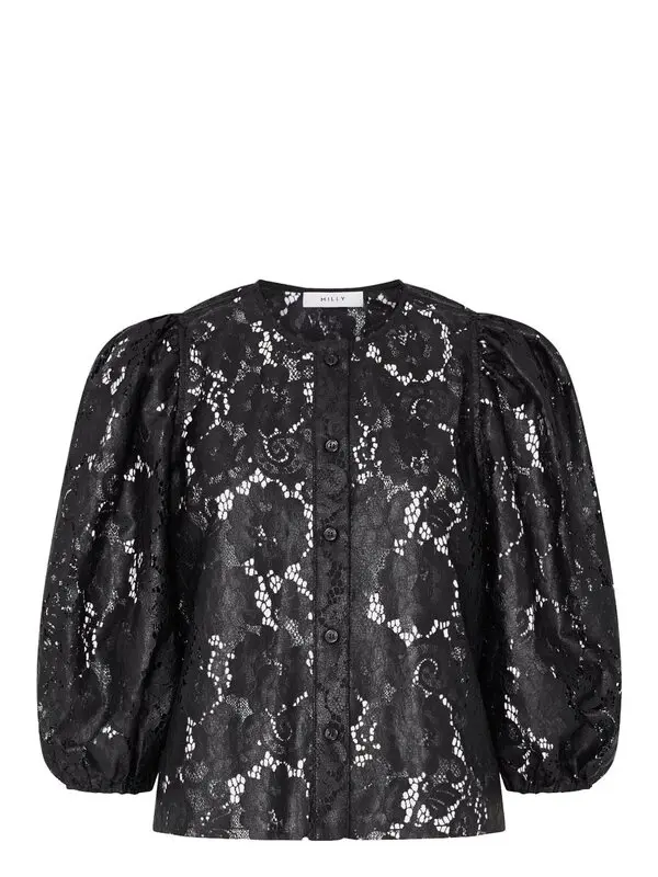 MILLY Nannie Textured Lace Long Sleeve Top - Black
