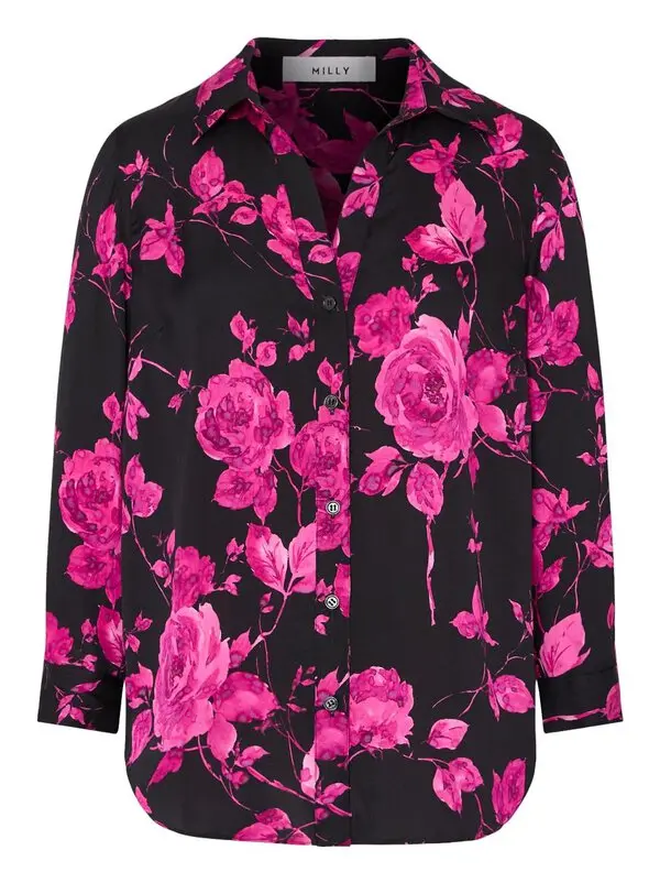 MILLY Quincy Amarilla Rose Silk Blouse - Black/pink