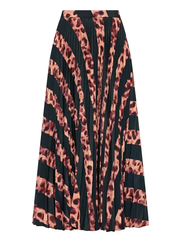 MILLY Otha Leopard Print Pleated Midi Skirt - Black/brown