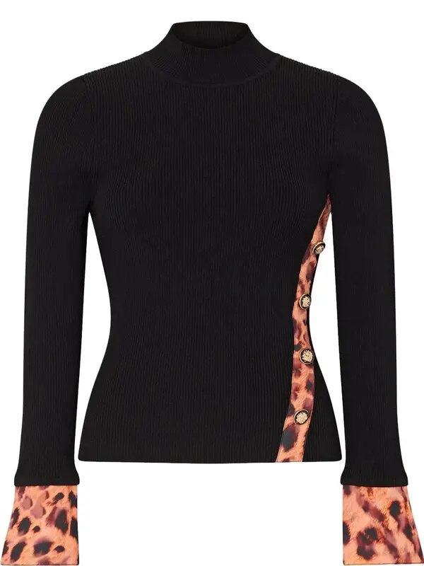 MILLY Printed Satin Cuff Knit Top - Black/cheetah