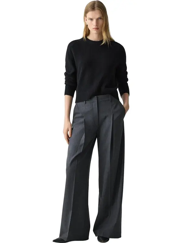 Theory Pleated Wide-leg Pant In Good Wool - Charcoal Melange