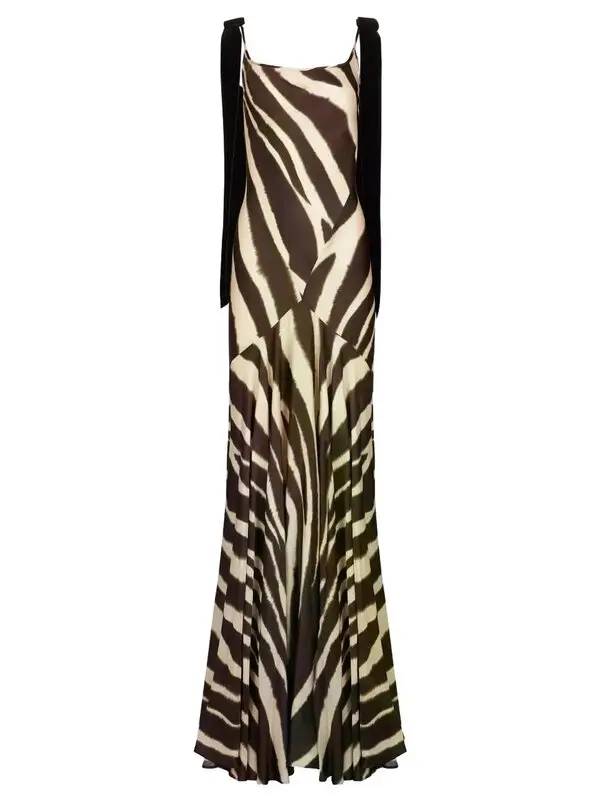 Nina Ricci Zebra-print Maxi Dress With Velvet Bows - Brown