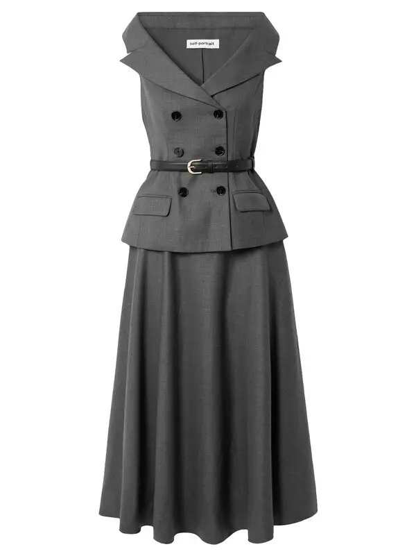 SELF-PORTRAIT Belted Wool-blend Midi Dress - Gray