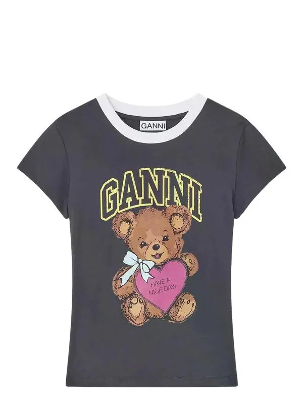 GANNI Teddy-print Ringer T-shirt - Grey