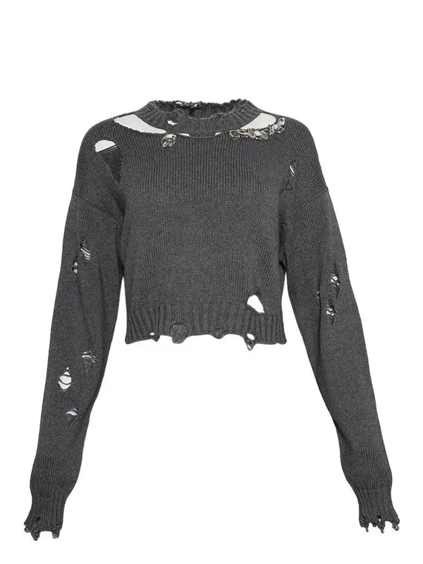 AREA Distressed Crewneck Sweater With Crystal Embellishments - Grey