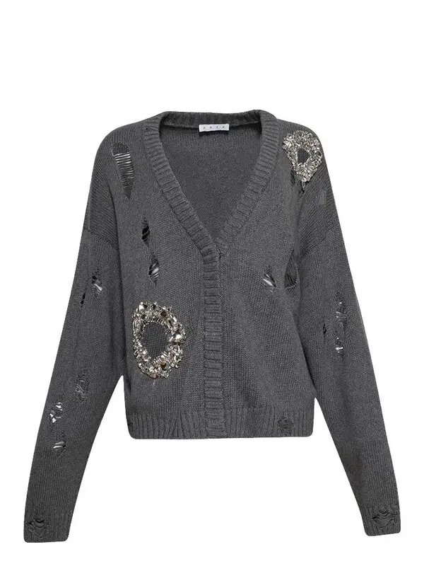 AREA Distressed Crystal Cardigan - Grey