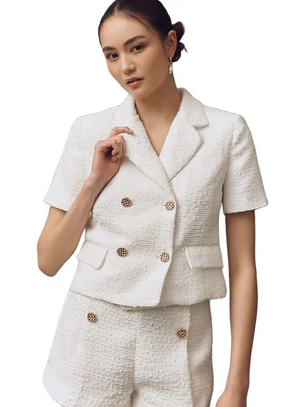 Endless Rose Short-sleeve Double-breasted Tweed Blazer Jacket - White