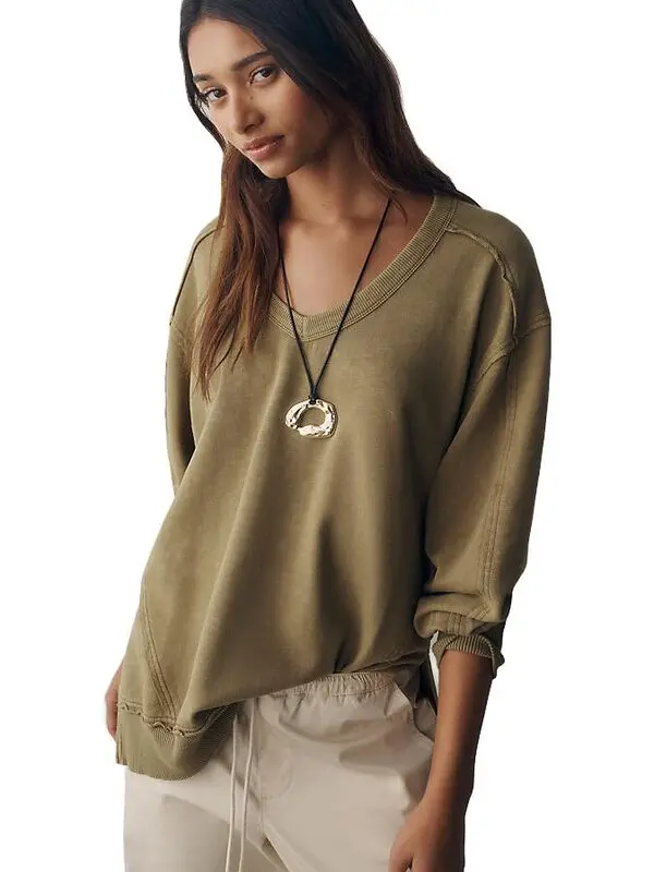 PILCRO Long-sleeve V-neck Oversized Popover Top - Moss