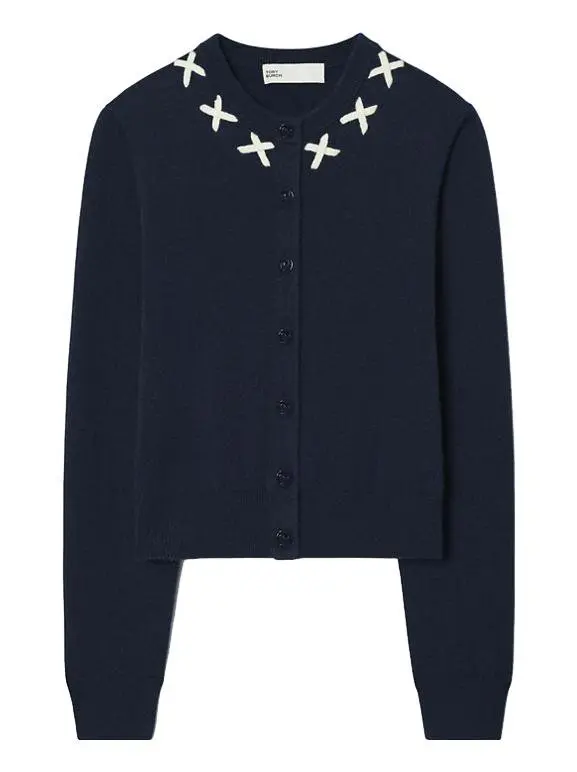 Tory Burch Embroidered Merino And Cashmere Cardigan - Navy/white
