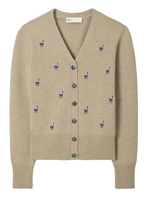 Tory Burch Birdie-embroidered Cashmere Cardigan - Deep Toffee