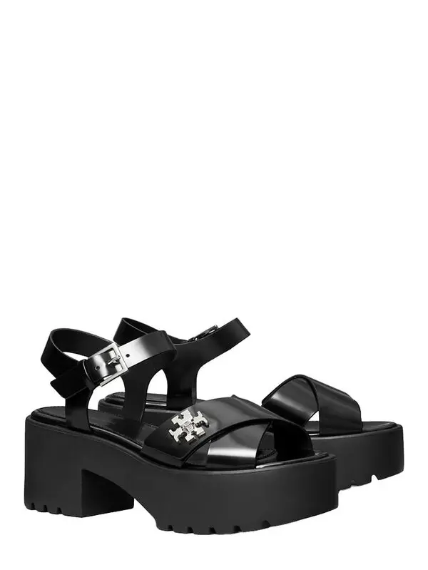 Tory Burch Turnlock Platform Lug Heeled Sandal - Black