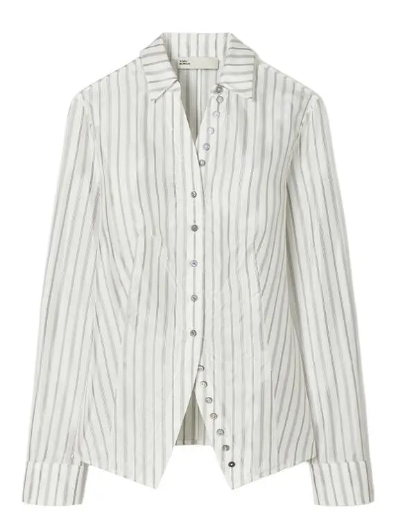 Tory Burch Cinched Shirt - White/gray/black Helios Striped Lining