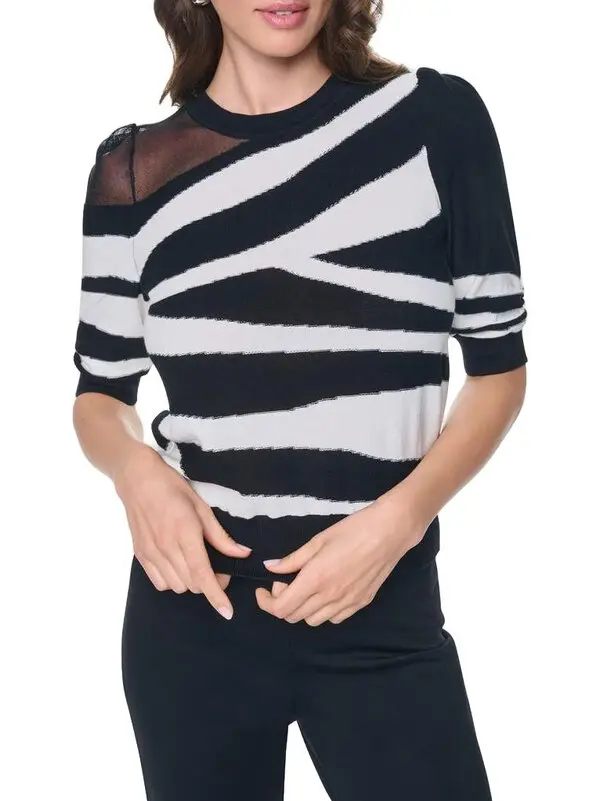 Dkny Zebra Stripe Three-quarter Sleeve Sweater - Black/ivory