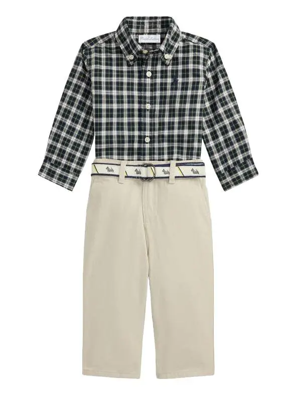 Ralph Lauren Plaid Cotton Button-down Shirt & Belted Chinos Set - Antique Cream/navy/green