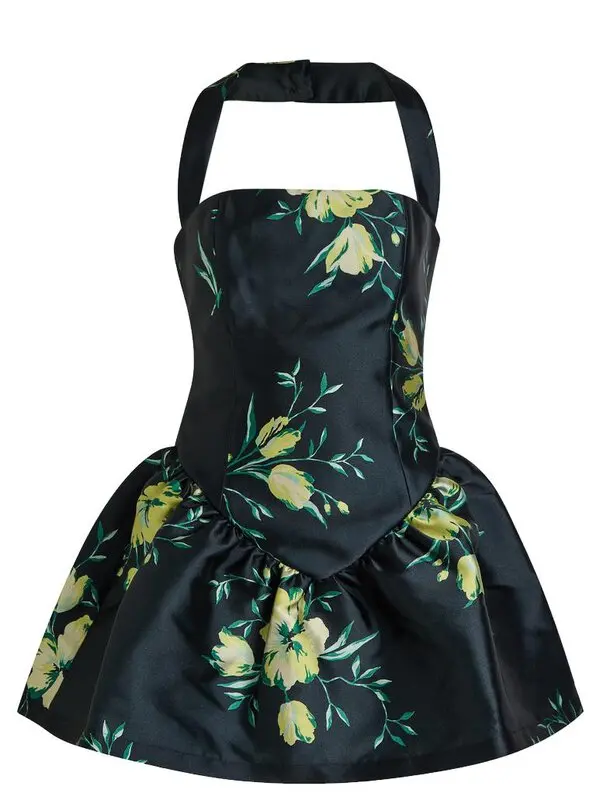 DE LA VALI Aura Floral-print Faille Mini Dress - Black