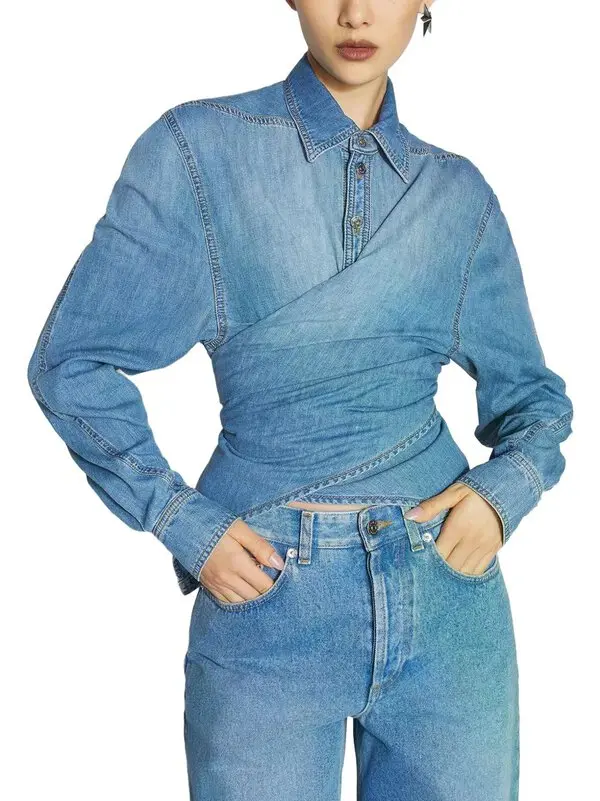 MUGLER Wrap-effect Denim Shirt - Blue