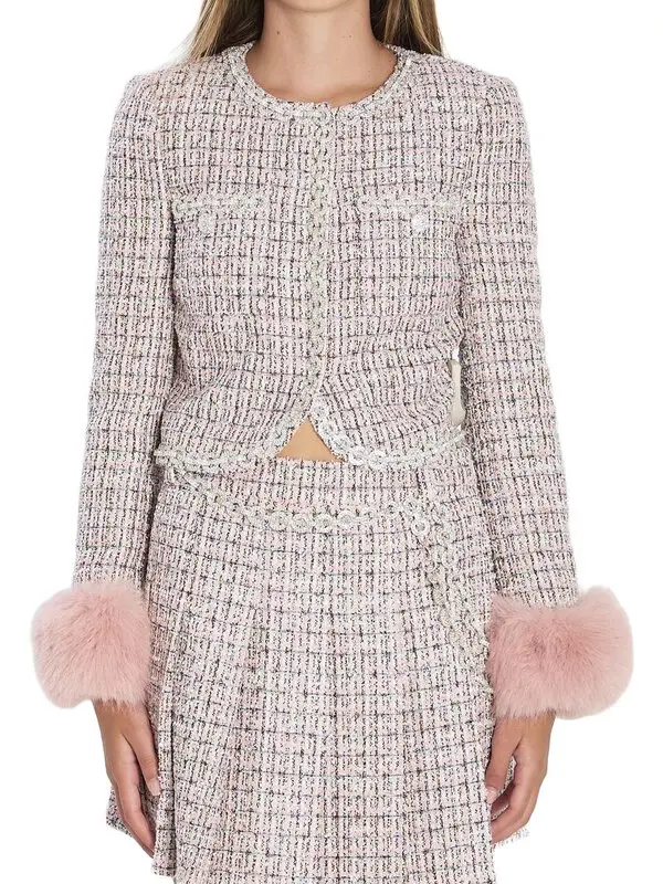 SELF-PORTRAIT Bouclé Jacket With Faux Fur Cuffs - Pink