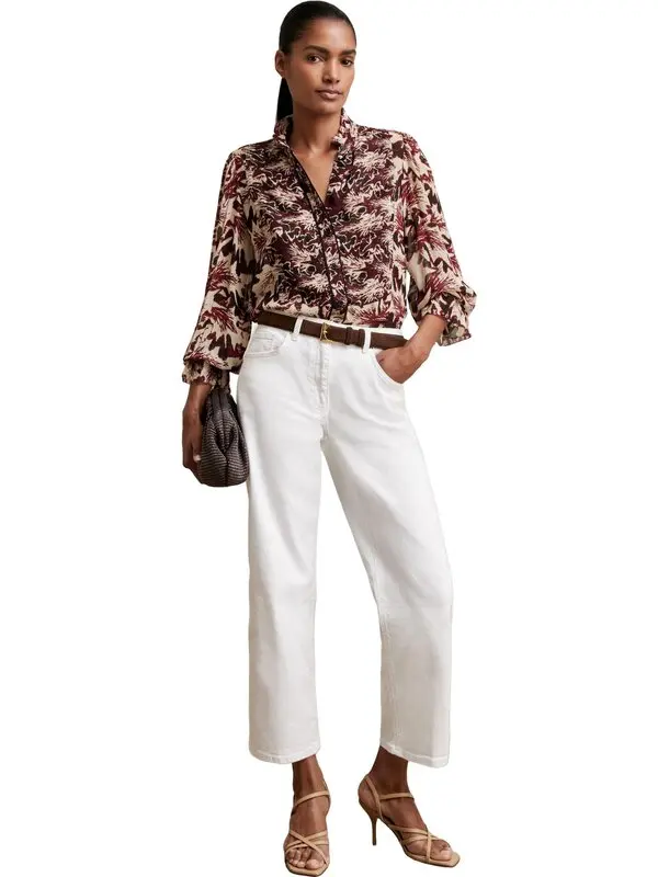 REISS Abstract-print Ruffle-neck Shirt - Burgundy/cream