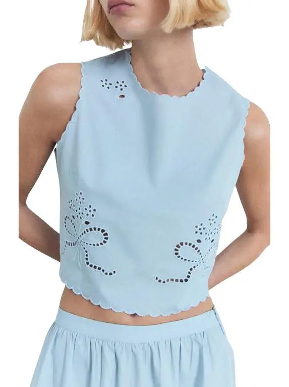 Mango Eyelet Embroidered Cotton Crop Top - Sky Blue