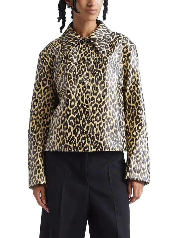 JIL SANDER Leopard Print Coated Linen Crop Jacket - Canvas Beige