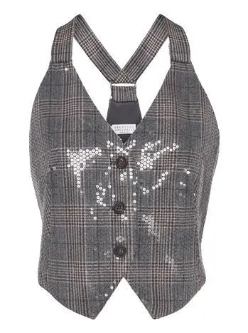 Brunello Cucinelli Prince Of Wales Waistcoat With Embroidery - Anthracite