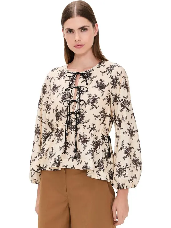 Sea Floral Print Tie-front Top - Cream
