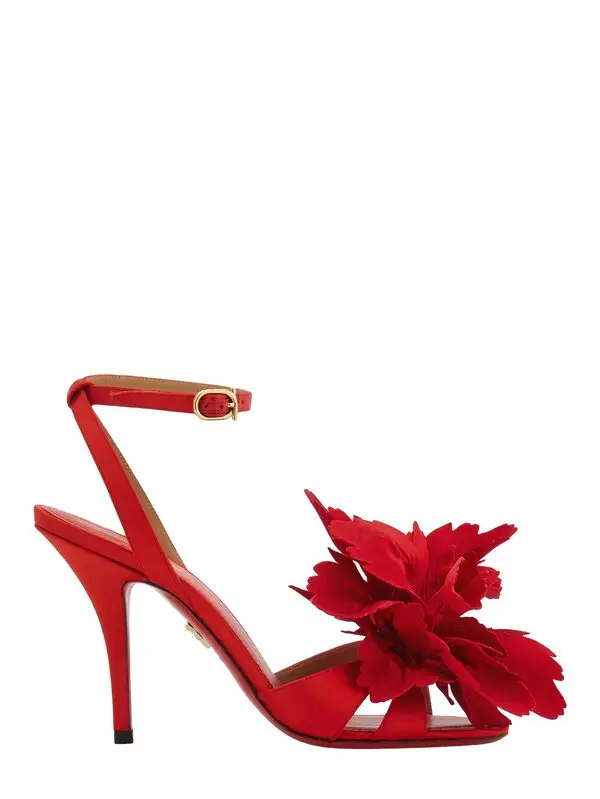 FERRAGAMO Flower Embellished High Heel Sandal - Red