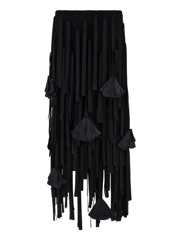 FERRAGAMO Mesh Midi Skirt With Floral Tassels - Black
