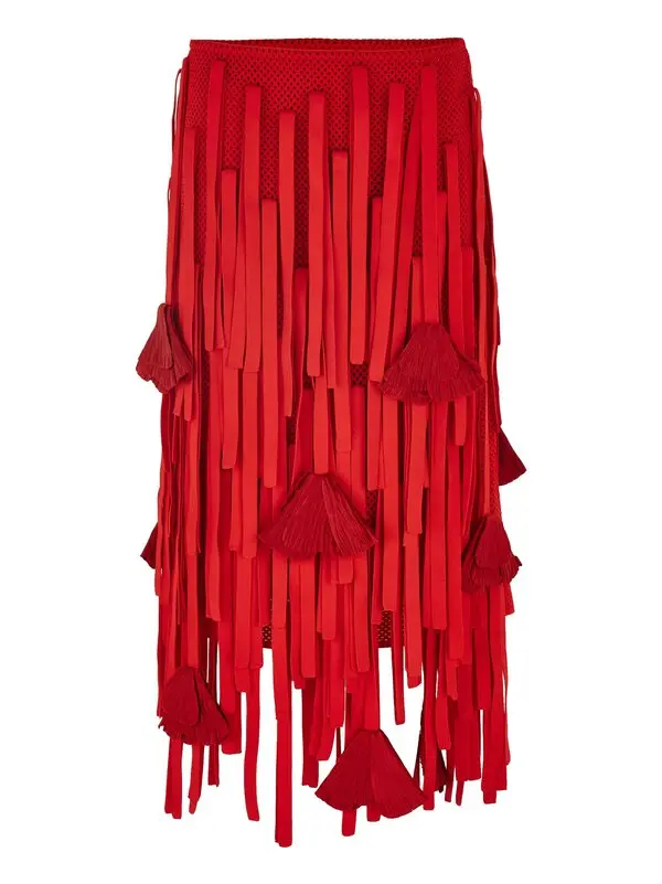 FERRAGAMO Mesh Midi Skirt With Floral Tassels - Red