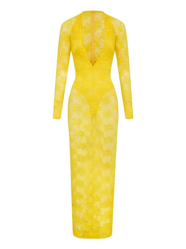 Alex Perry Long Sleeve Halter Column In Stretch Lace - Yellow