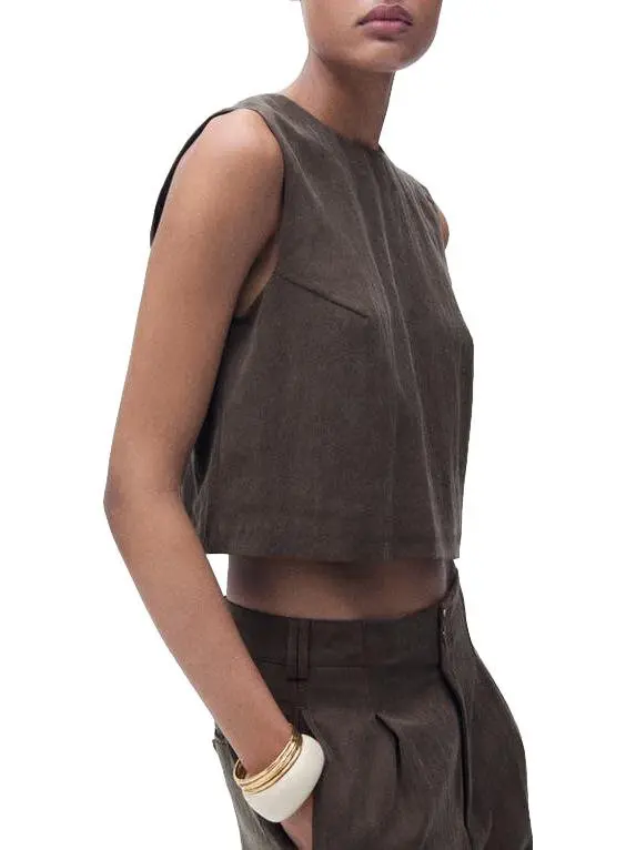 Mango Sleeveless Back Button Crop Top - Brown