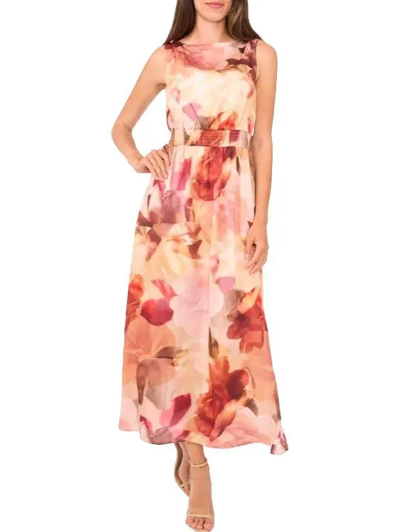 Halogen Blurred Floral Smocked Waist Maxi Dress - Faded Rose