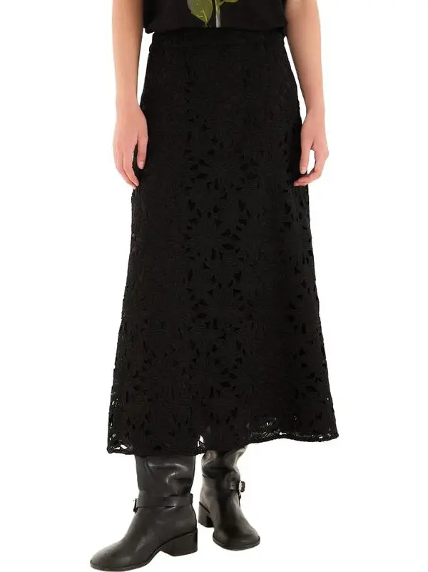 Farm Rio Floral Lace Midi Skirt - Black