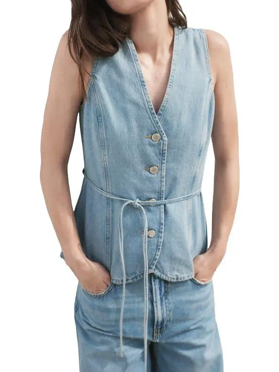 Mango Belted Denim Vest - Medium Blue