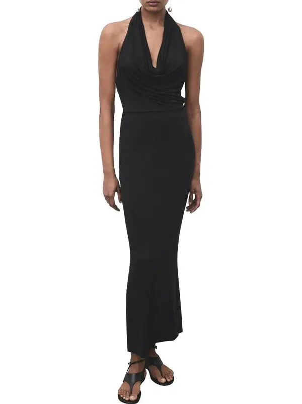 Mango Draped Cowl Neck Halter Dress - Black