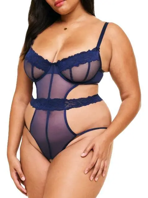 ADORE ME Sheer Lace Trim Bodysuit - Dark Blue