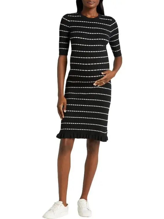 MARION Striped Maternity & Nursing Sweater Dress - Black And White Stripe
