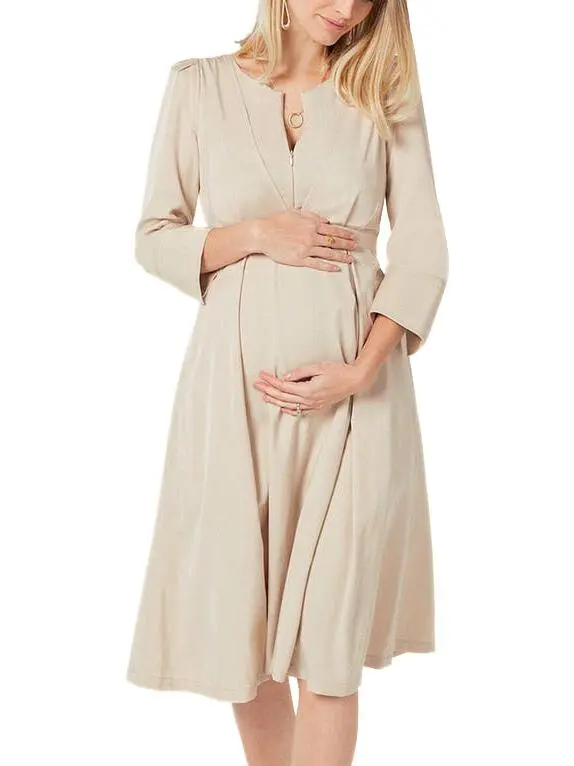 MARION Petite 3/4 Sleeve Empire Waist Maternity & Nursing Midi Tea Dress - Beige