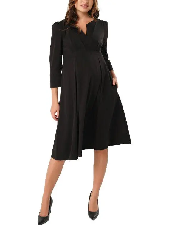 MARION Petite 3/4 Sleeve Empire Waist Maternity & Nursing Midi Tea Dress - Black
