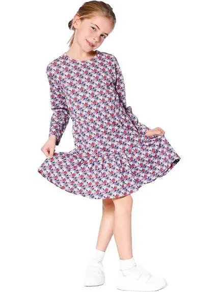 DEUX PAR DEUX Organic Cotton Jersey Dress With Apple Print And Flounce Hem - Blue