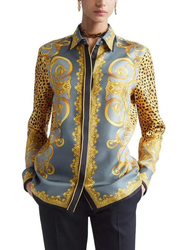 Versace Formal Cheetah Barocco Print Silk Button-up Shirt - Light Grey Elephant Grey