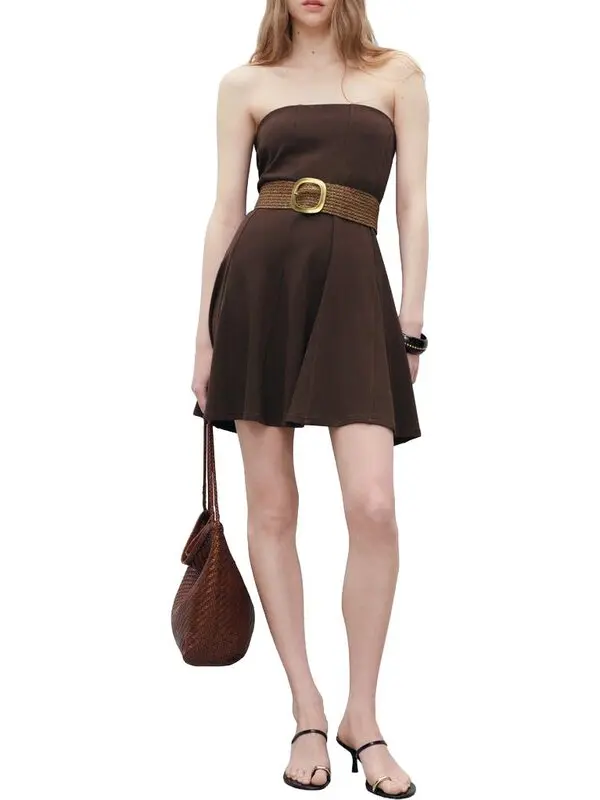 Mango Strapless Mini Dress With Pleated Skirt - Brown