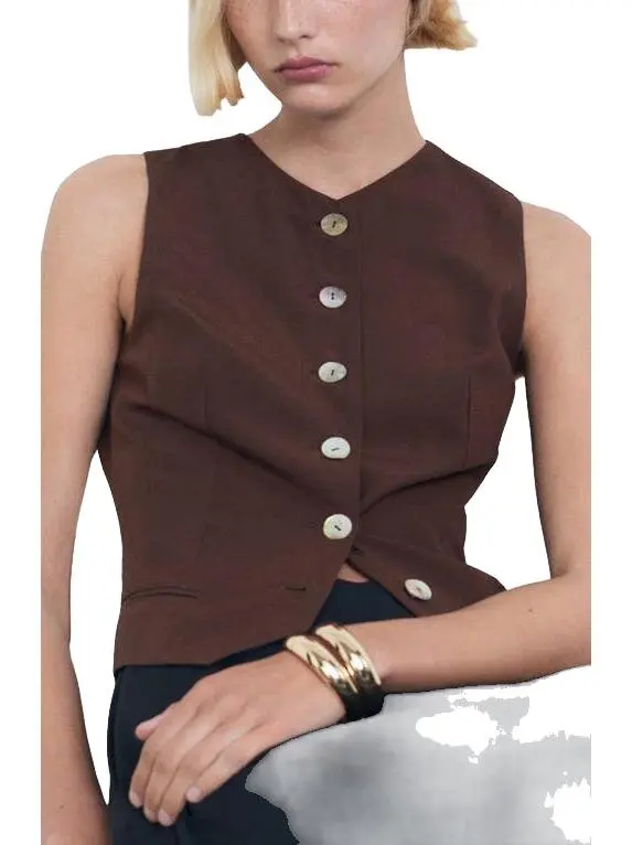 Mango Suit Waistcoat With Buttons - Brown