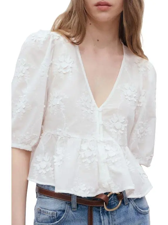 Mango Floral Embroidery Puff Sleeve Shirt - Off White