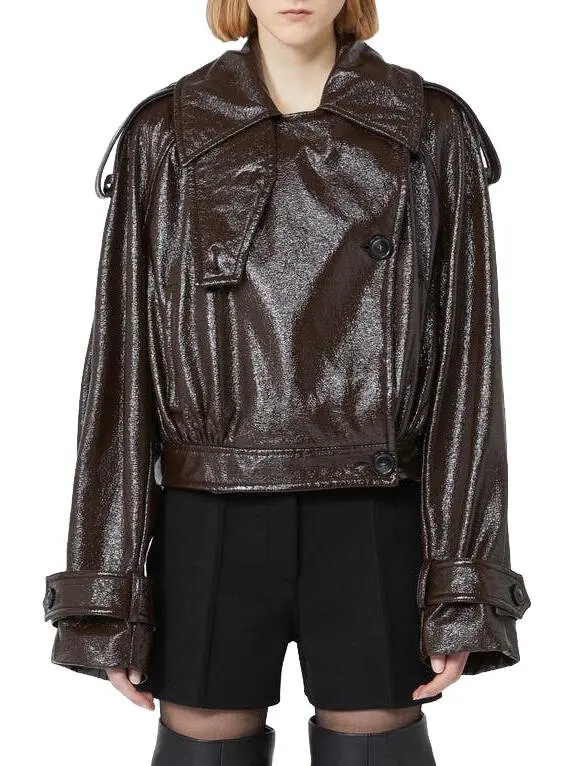Sportmax Glossy Faux Leather Bomber Jacket - Coffee